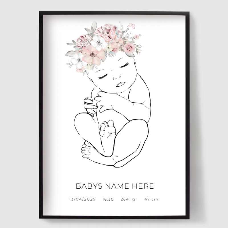 Blomstret Baby Personlig Fødselsplakat