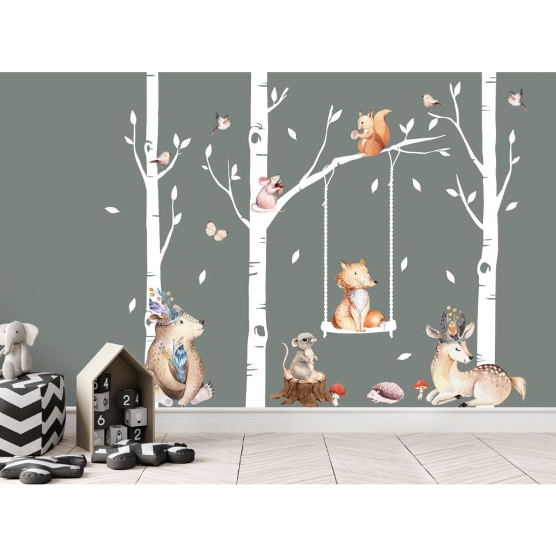 Wallsticker – Dyr i træ og gynge / Hvid