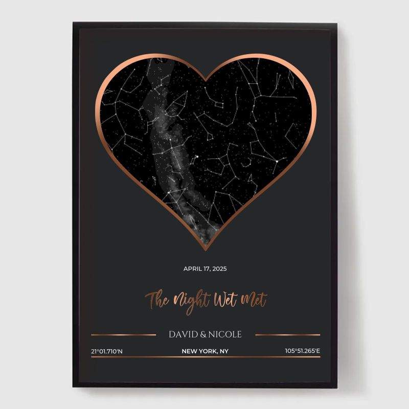Personaliseret Plakat - Hjerteformet Stjernekort Sort/Rose Guld Tema